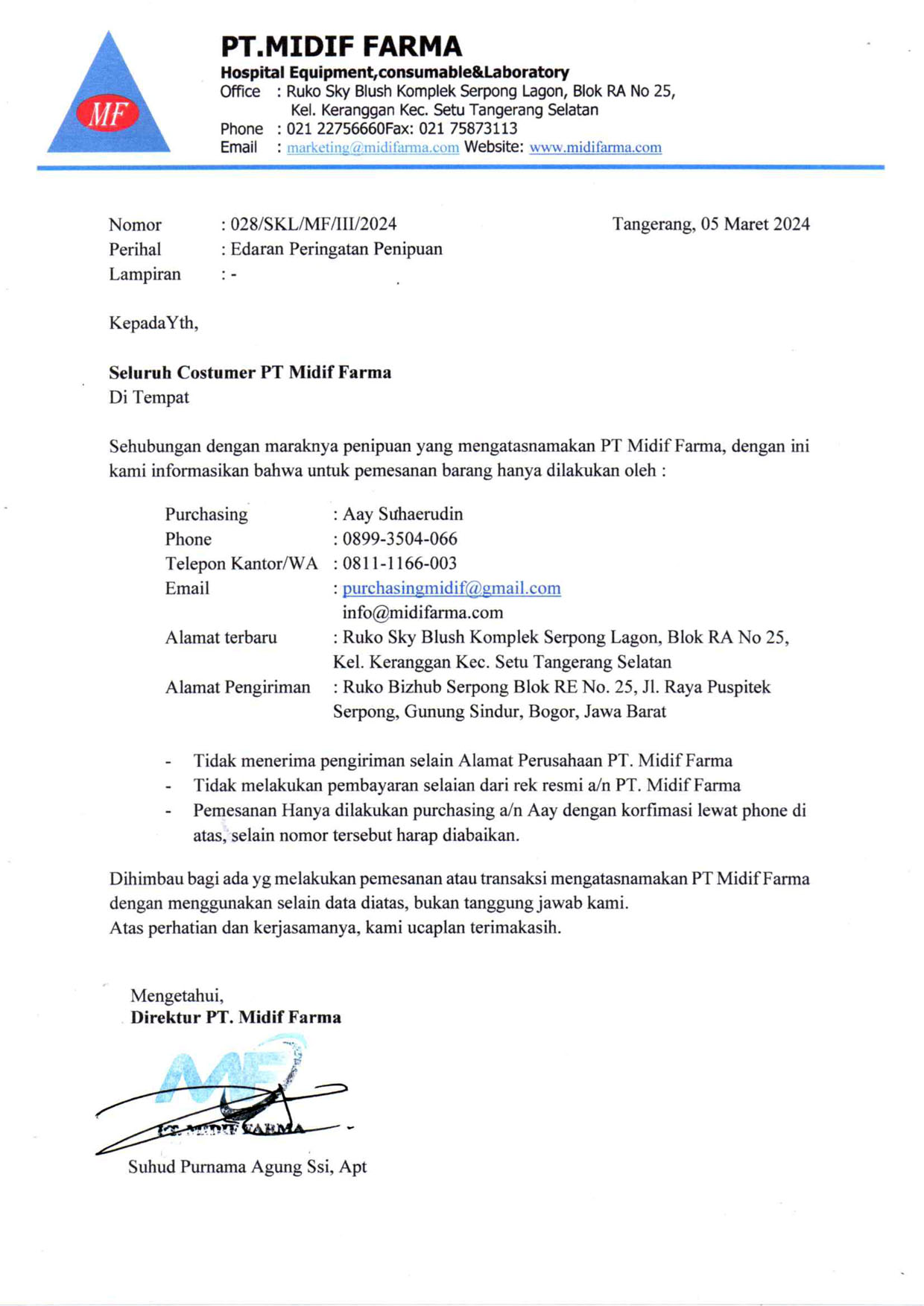 Surat Edaran Peringatan tentang Penipuan – PT MIDIF FARMA